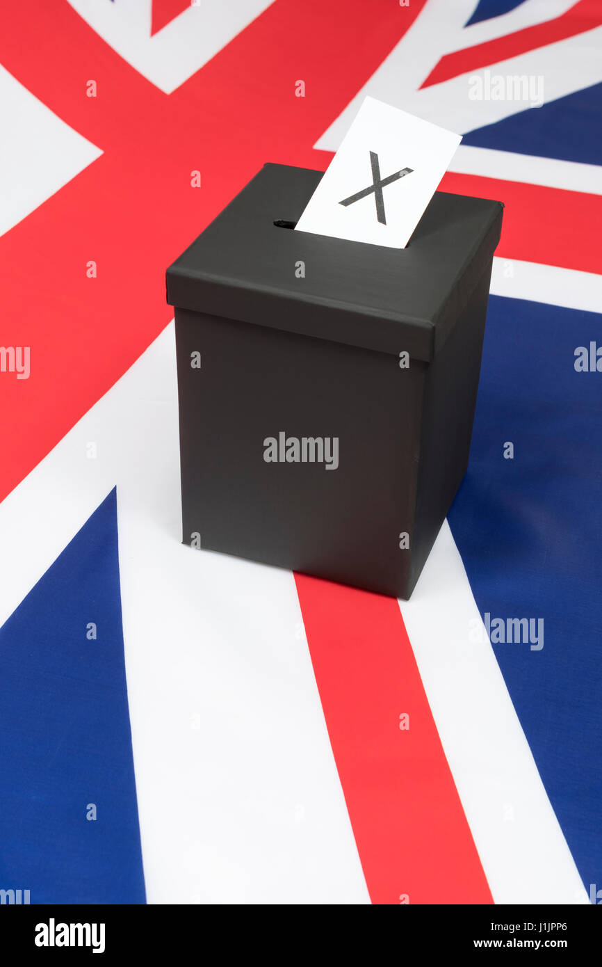 Replica black ballot box set against UK flag / Union Jack as metaphor ...