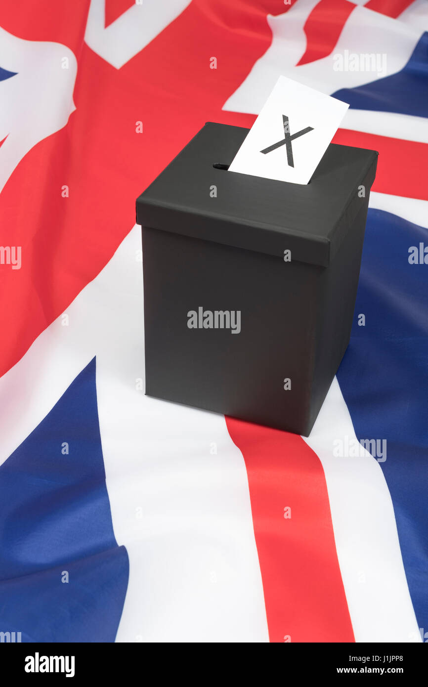 Replica black ballot box set against UK flag / Union Jack as metaphor ...
