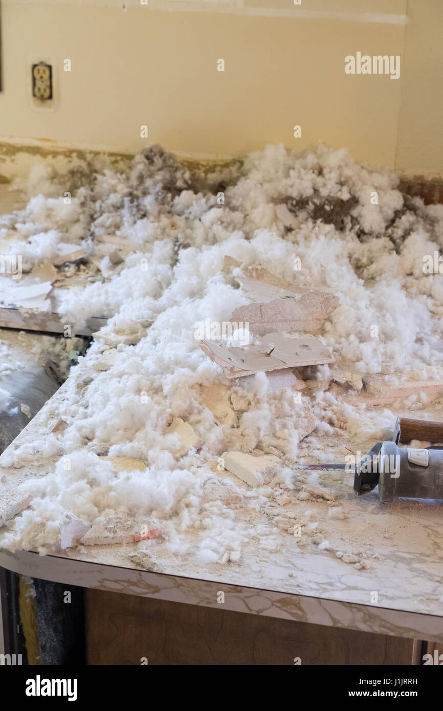 Major mess from a soffit demo during a home renovation and remodel in a ...