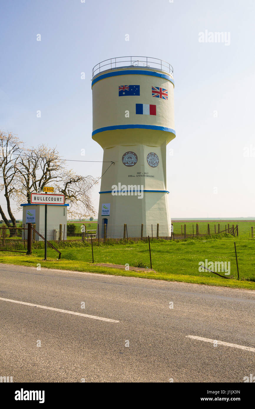 The water tower at the entrance to the village of Bullecourt ...