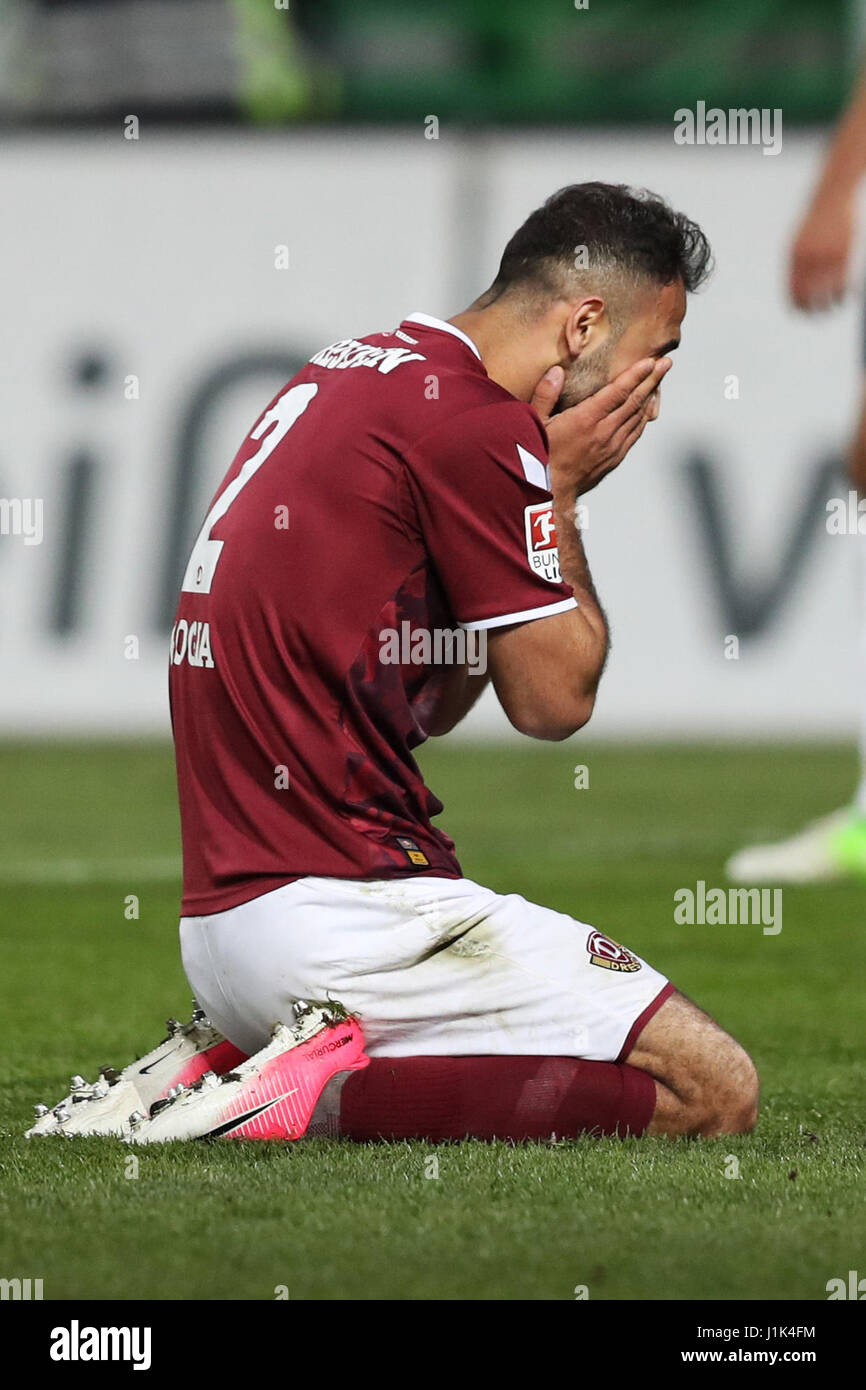 Fuerth, Germany. 21st Apr, 2017. Dresden's Akaki Gogia kneels after a ...