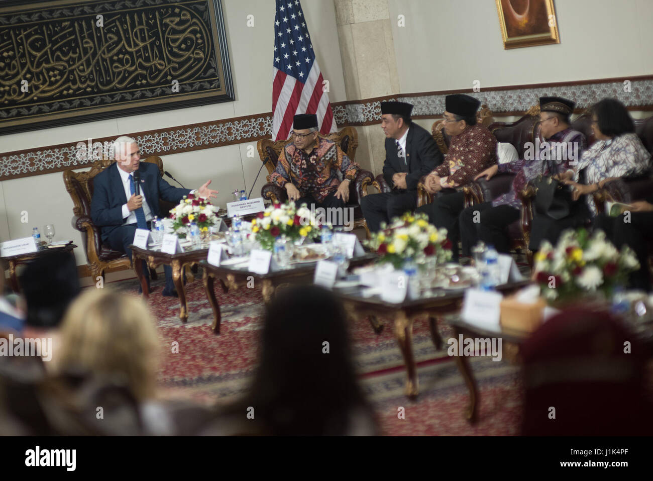 U.S. Vice President Mike Pence, center, speaks during a meeting with ...