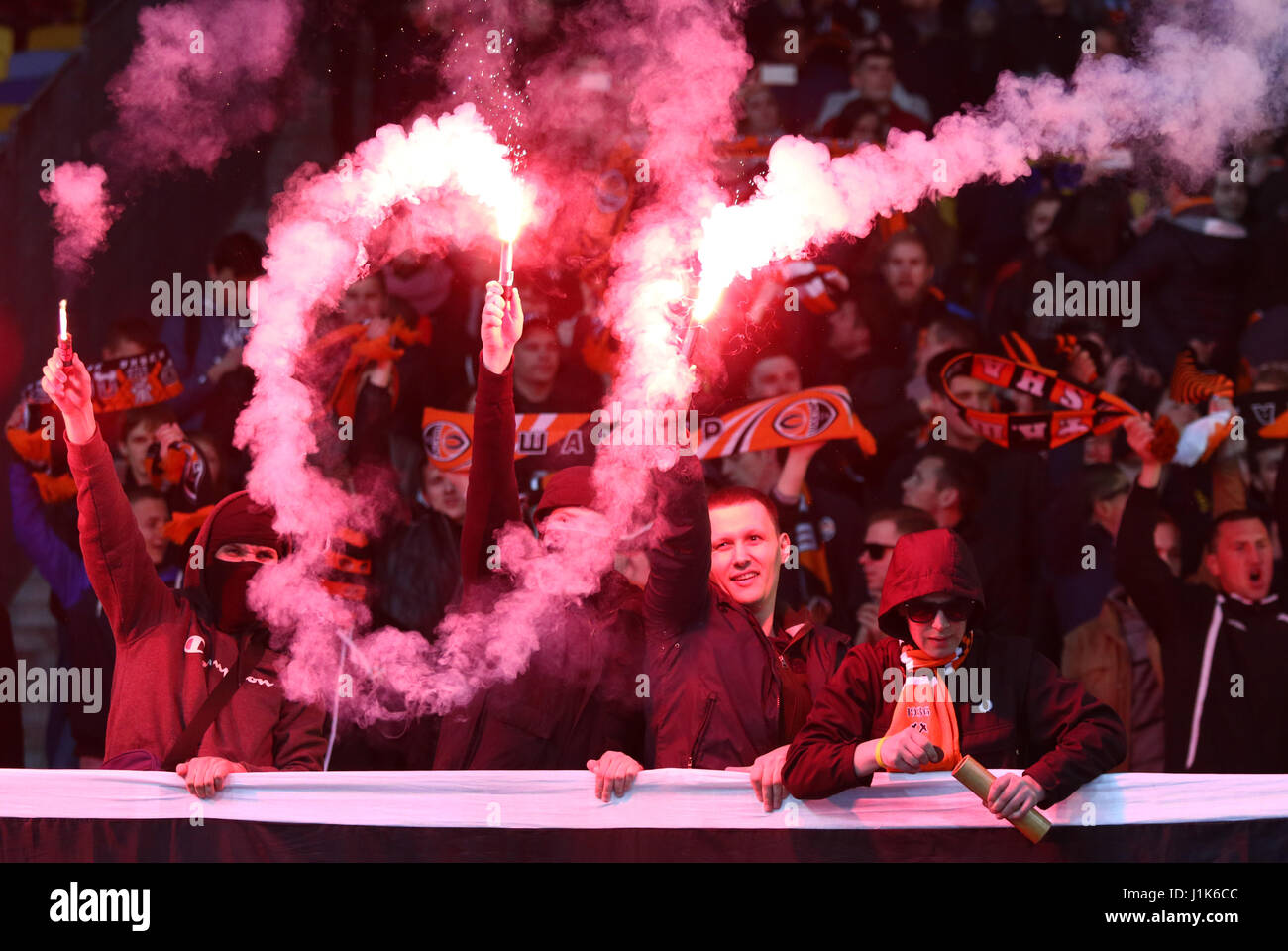 Kiev, Ukraine. 21st April, 2017. Shakhtar Donetsk ultra supporters ...