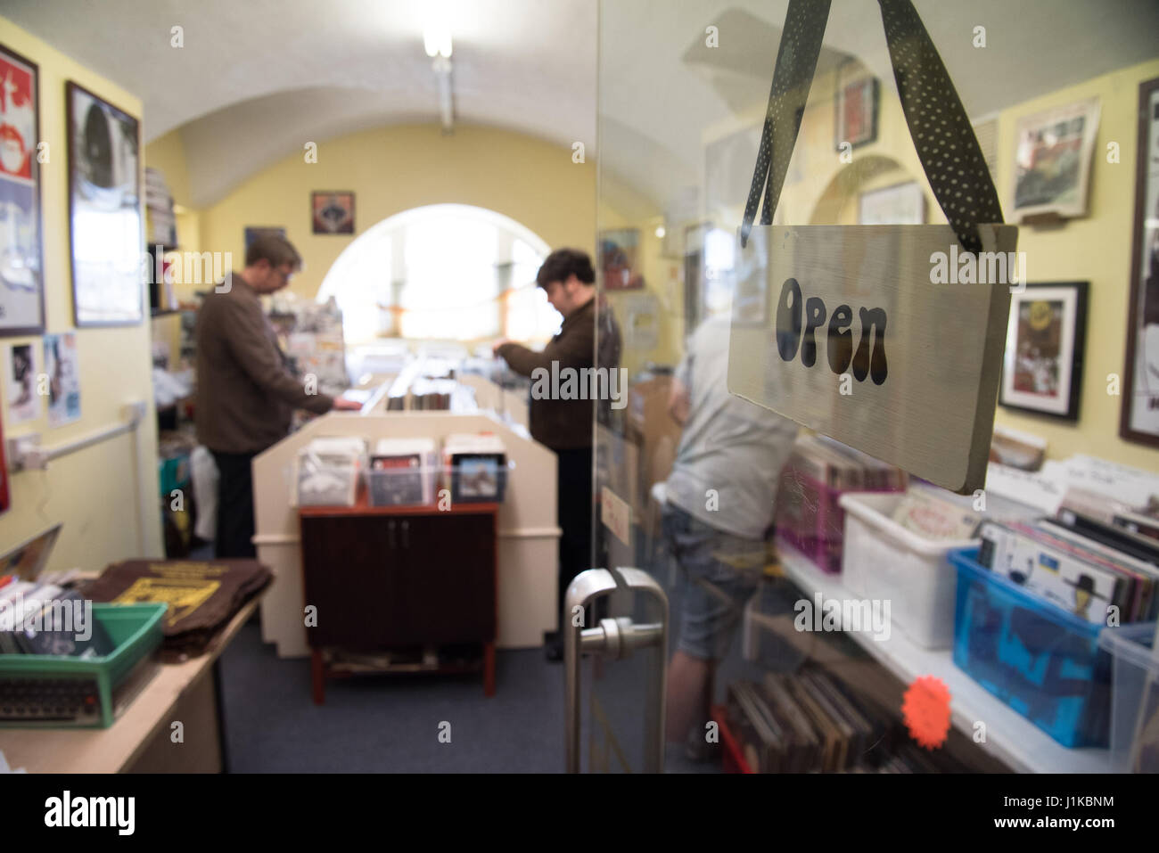 Shrewsbury, Shropshire, UK. 22nd April 2017. Inside Cave Records, one ...