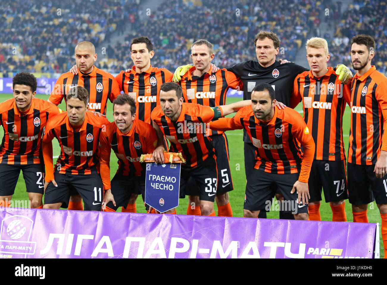 Kiev, Ukraine. 21st April, 2017. Shakhtar Donetsk players pose for a ...