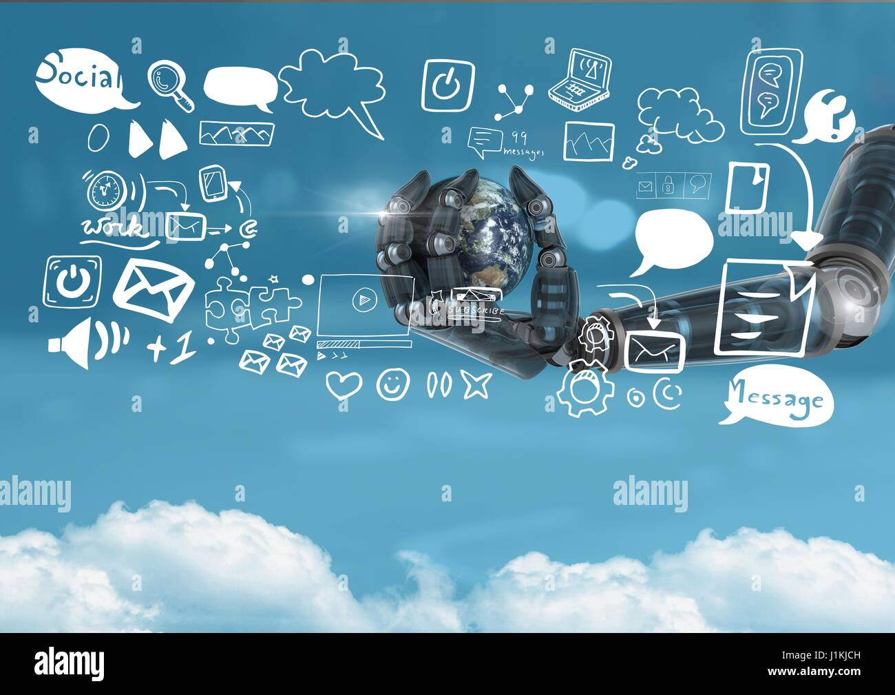 Digital composite of Android hand holding planet earth and social media ...