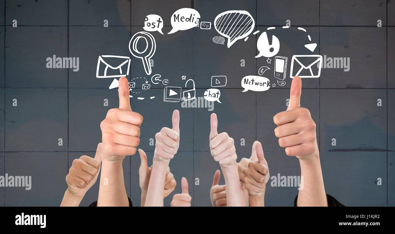 Digital composite of Social media icons over hands gesturing thumbs up ...