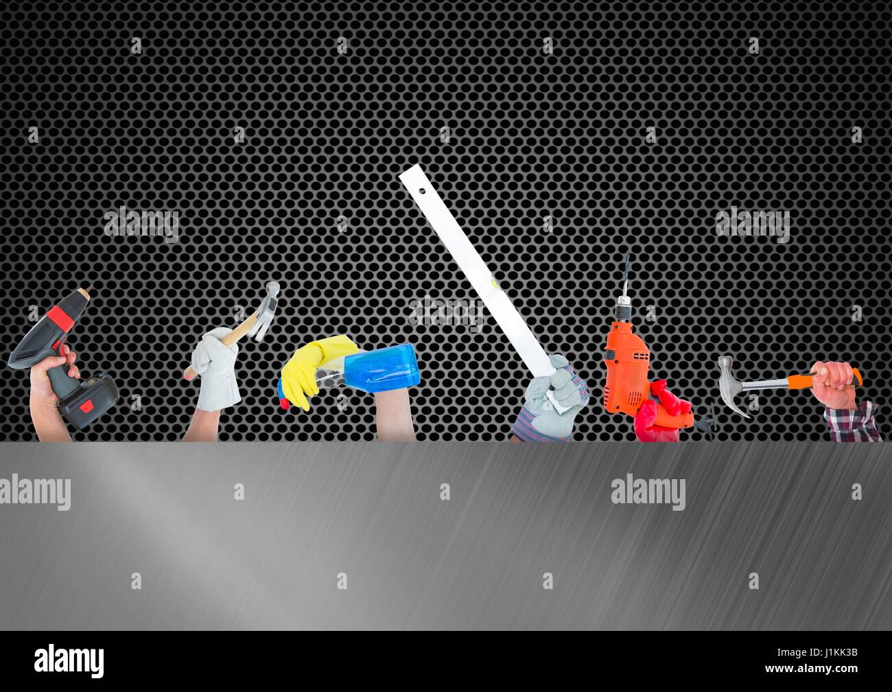 Digital composite of a lot of hands with different tools with metal ...
