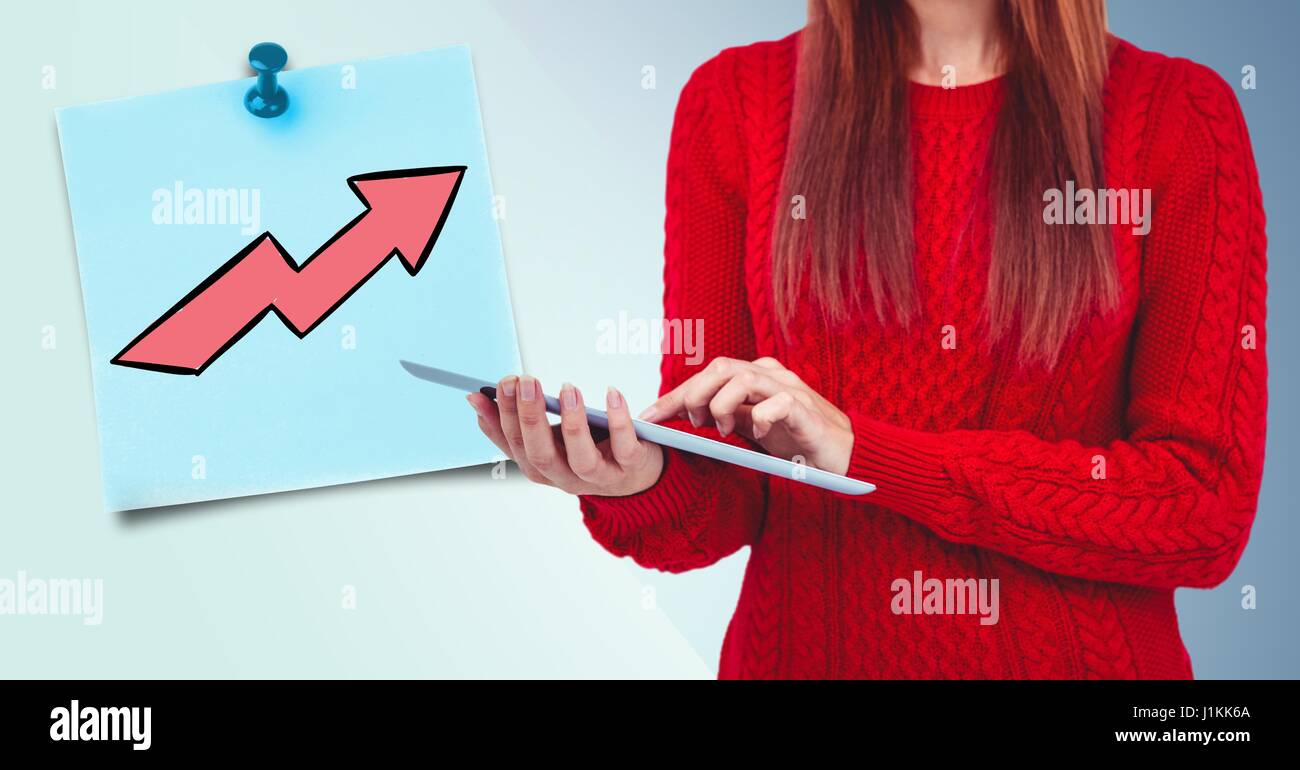 Digital composite of Woman mid section with tablet and sticky note with ...