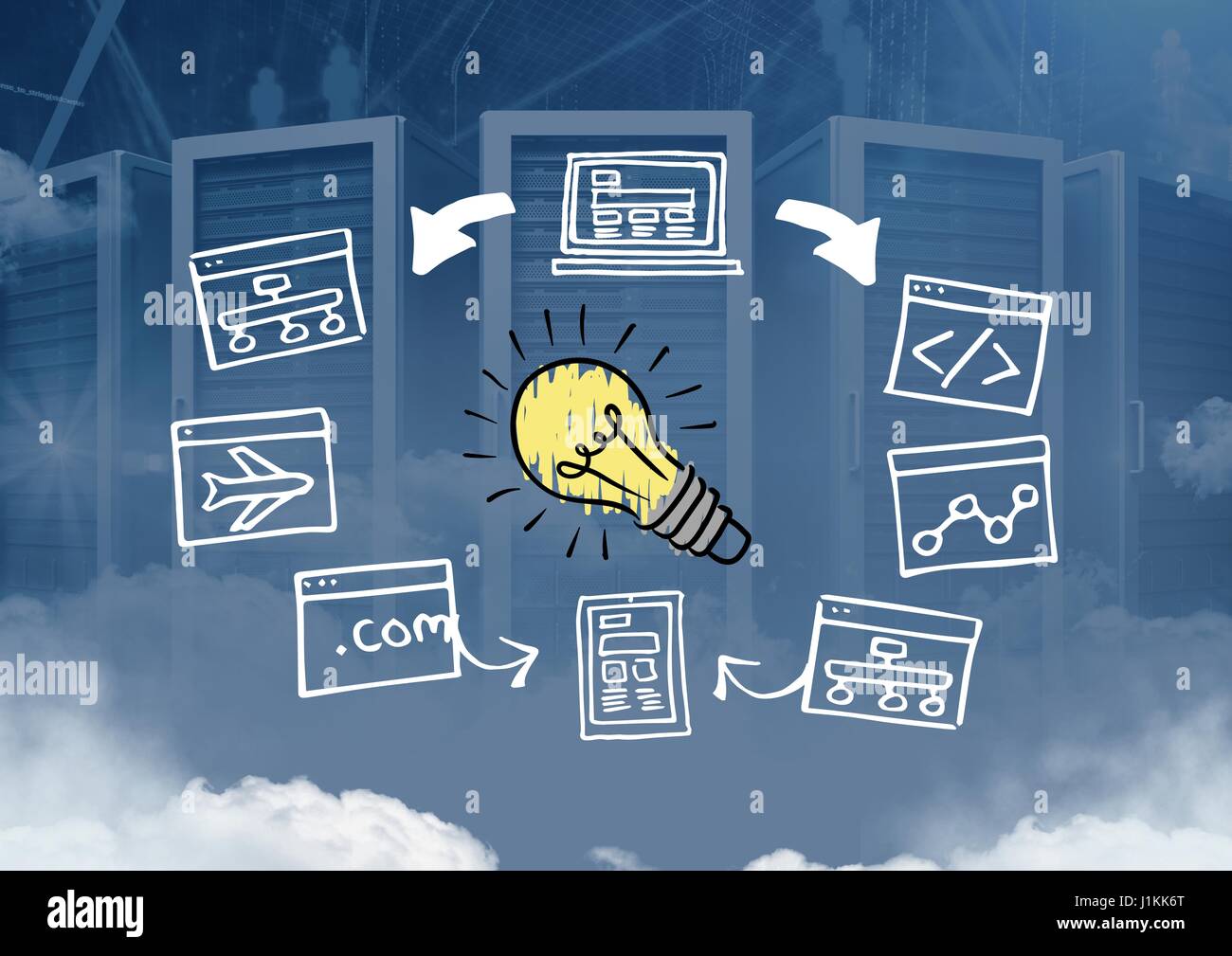 Digital composite of Colourful lightbulb with screen computer drawings ...