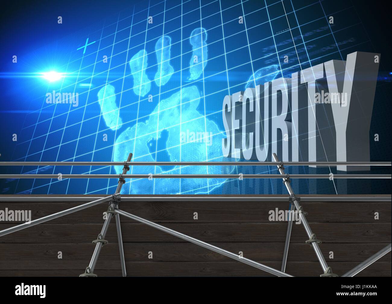 Digital composite of Security Text with 3D Scaffolding and hand grid ...