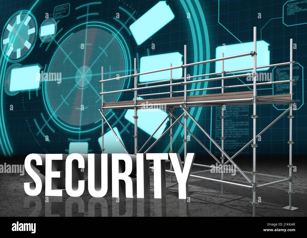 Digital composite of Security Text with 3D Scaffolding and technology ...