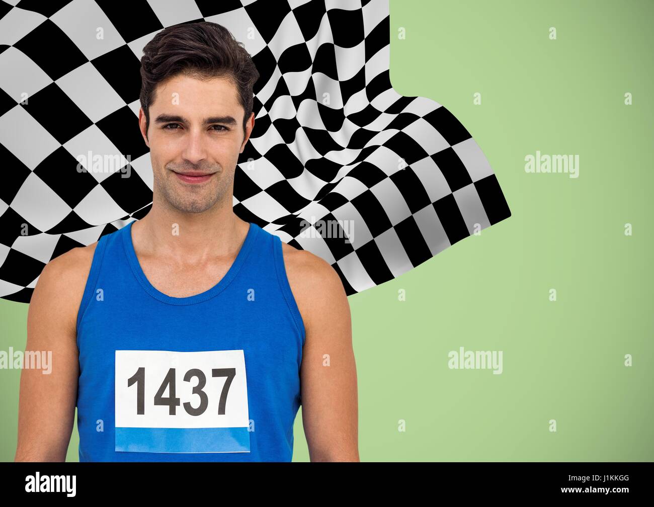 Digital composite of Male runner with number on shirt against green ...