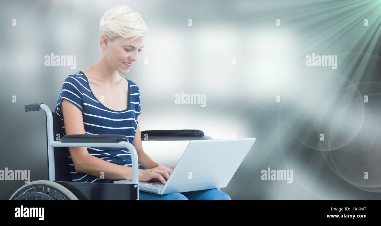 Digital composite of Composite image od handicap woman using a computer ...
