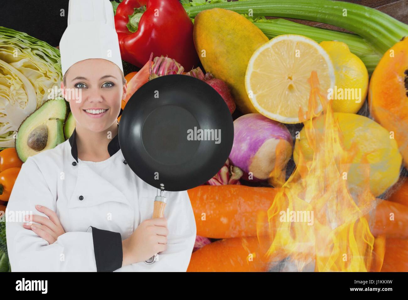 Digital composite of Portrait of chef holding cooking pan with ...