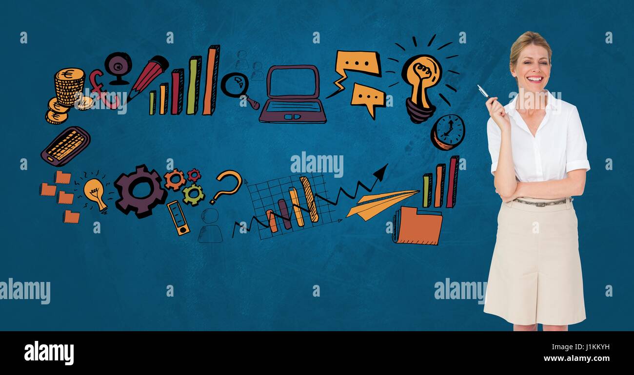 Digital composite of Female professional standing by business icons ...