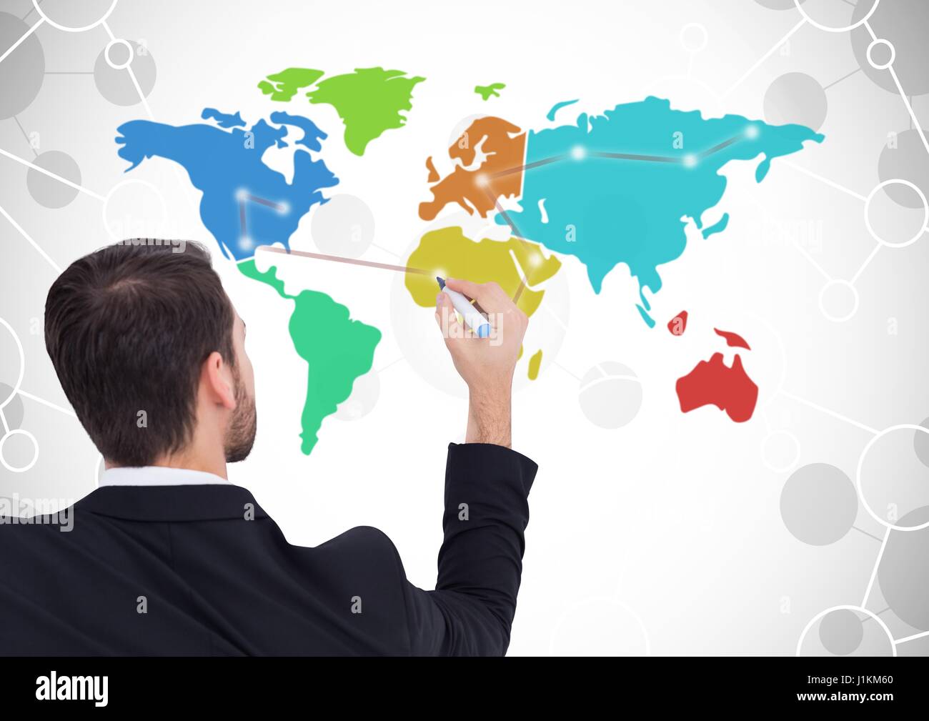 Digital composite of Businessman drawing on Colorful Map with connected ...