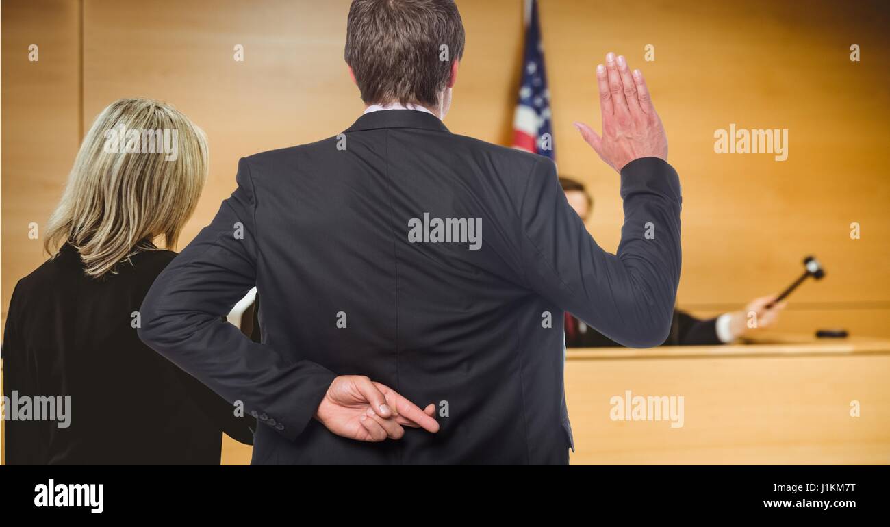 Digital composite of Men swearing in the judge with fingers crossed ...