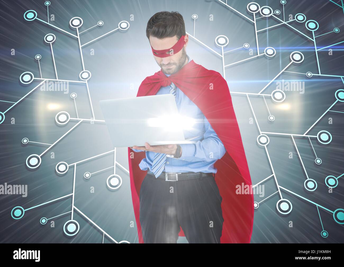 Digital composite of Business man superhero with laptop against network ...