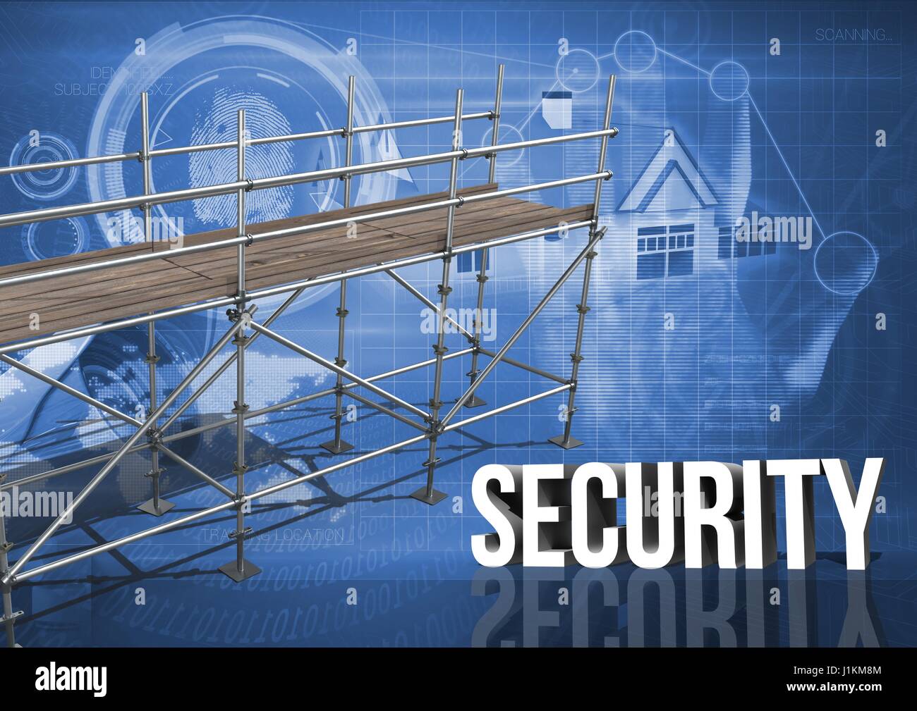 Digital Composite Of Security Text With 3d Scaffolding And Technology
