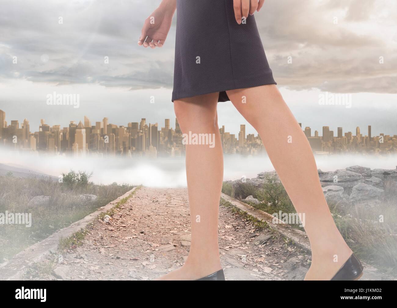 Digital composite of Womans legs Walking on path near city Stock Photo ...