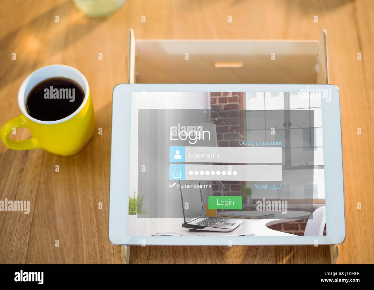 Digital composite of tablet with login screen in a table with a coffee ...