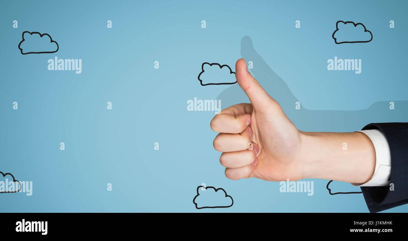 Digital composite of Thumbs up blue background with clouds Stock Photo ...