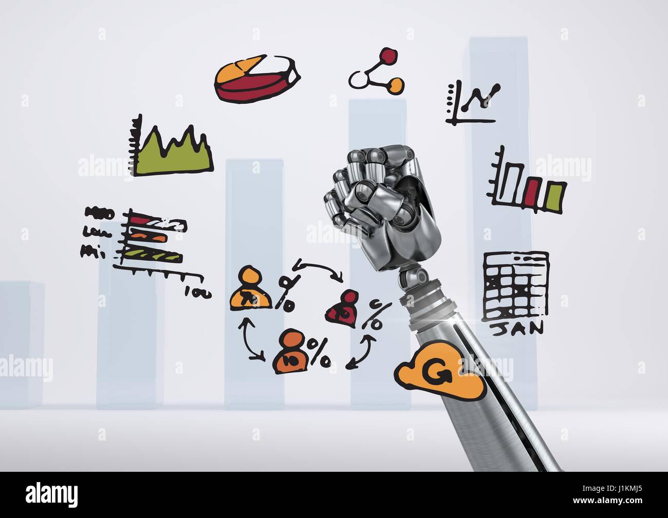 Digital composite of Android hand holding earth with drawings graphics ...