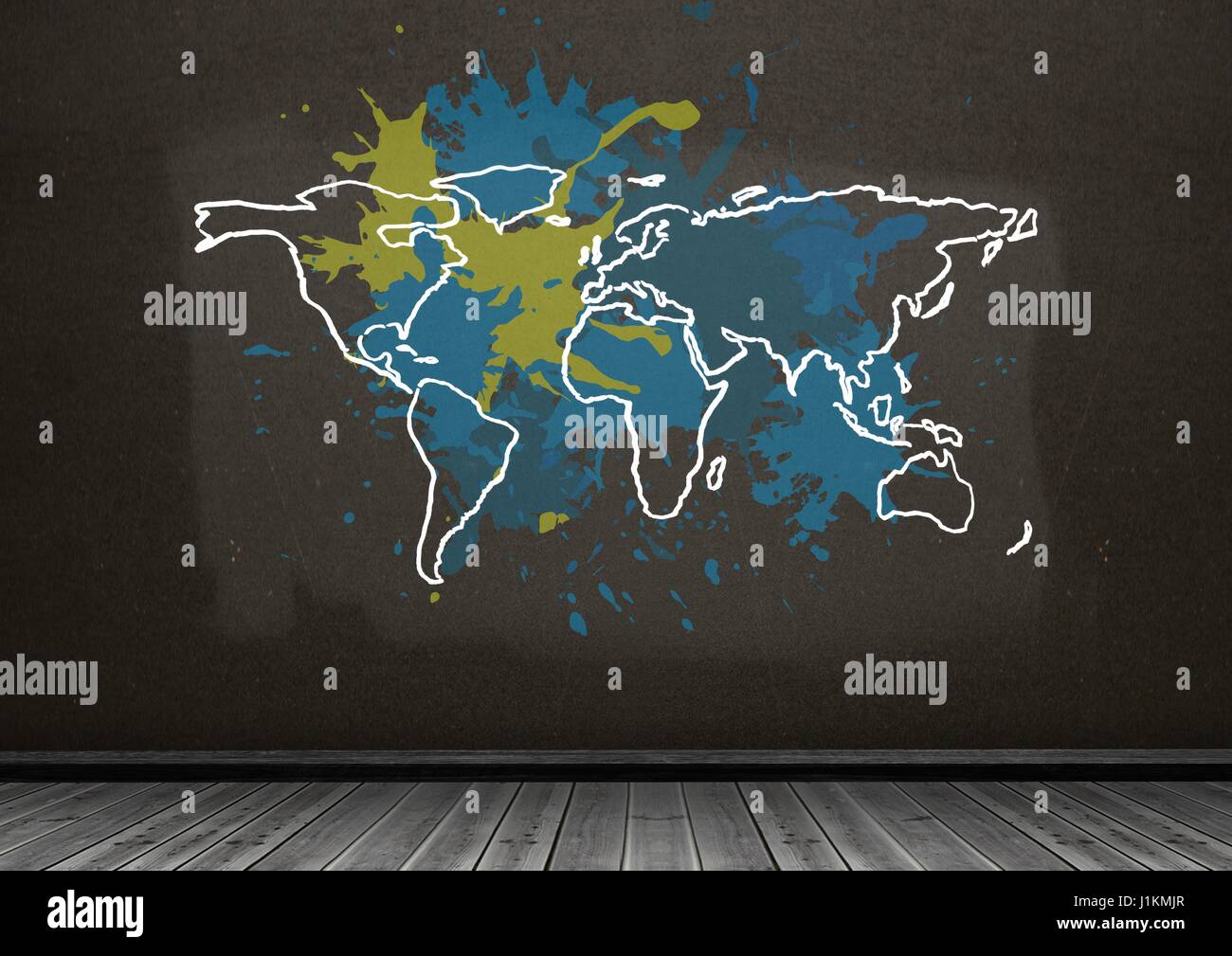 Digital composite of Colorful Map with paint splattered wall background ...