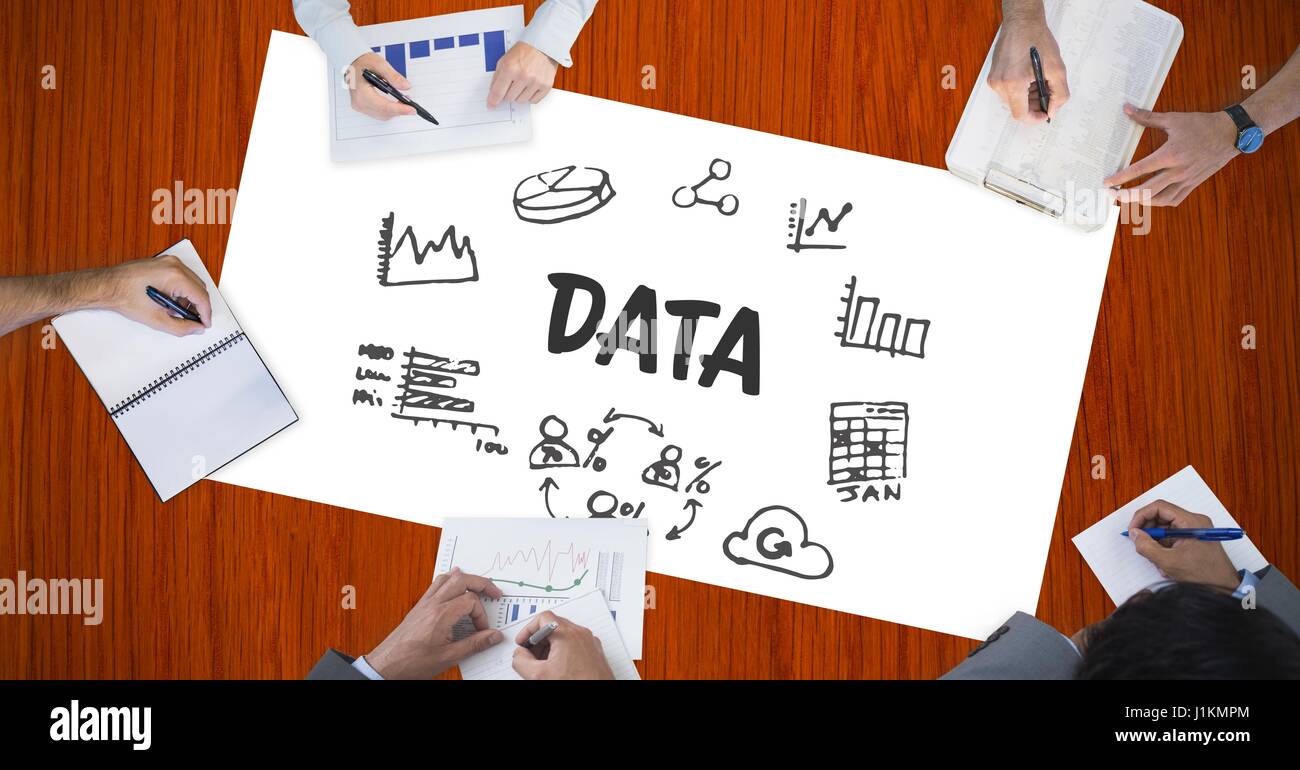 Digital composite of Data text by icons and hands of business people ...