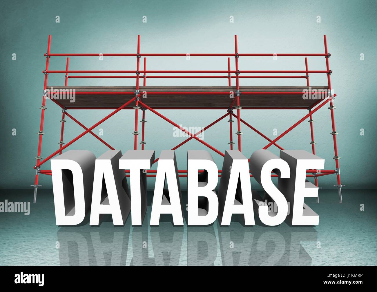 Digital composite of 3D word database against scaffolding in green room ...