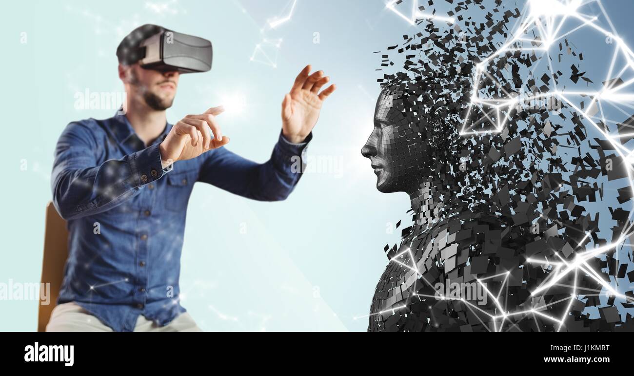 Digital composite of 3D black male AI and man sitting in VR with flare ...