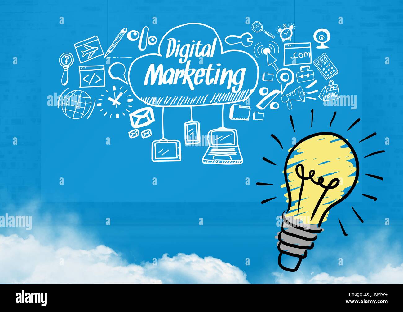 Digital composite of Colourful lightbulb and Digital marketing text ...