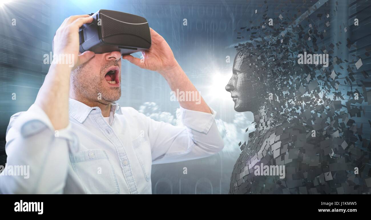 Digital composite of 3D black male AI and man in VR with mouth open ...