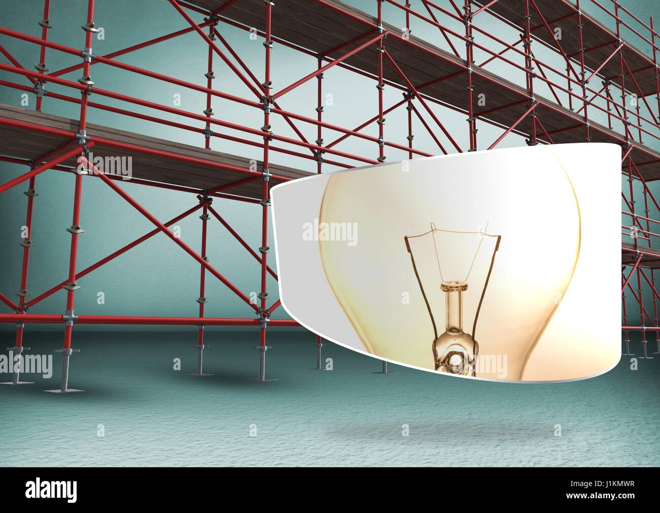 Digital composite of Lightbulb in front of scaffolding in green room ...