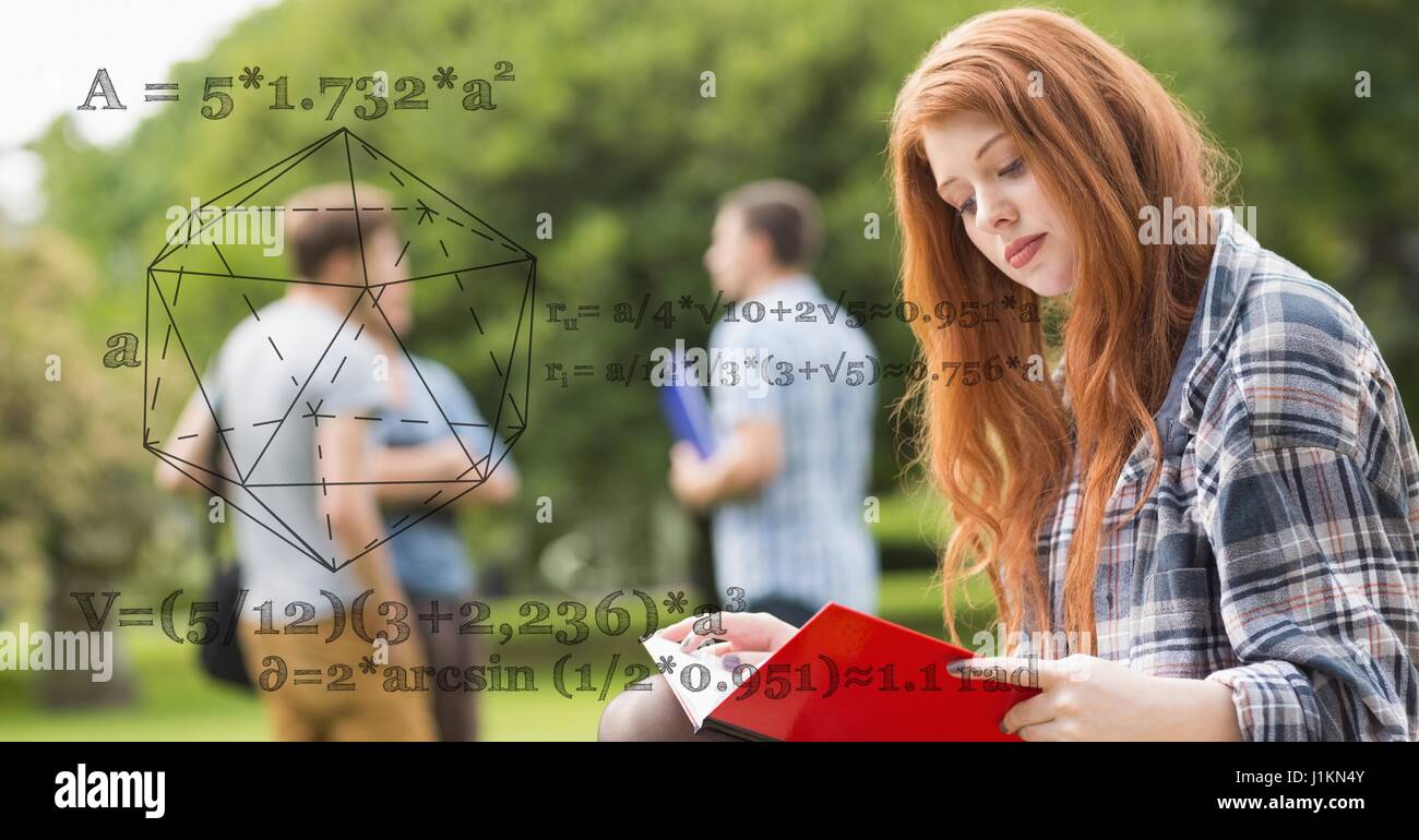Digital composite of Female student reading book with math equations in ...