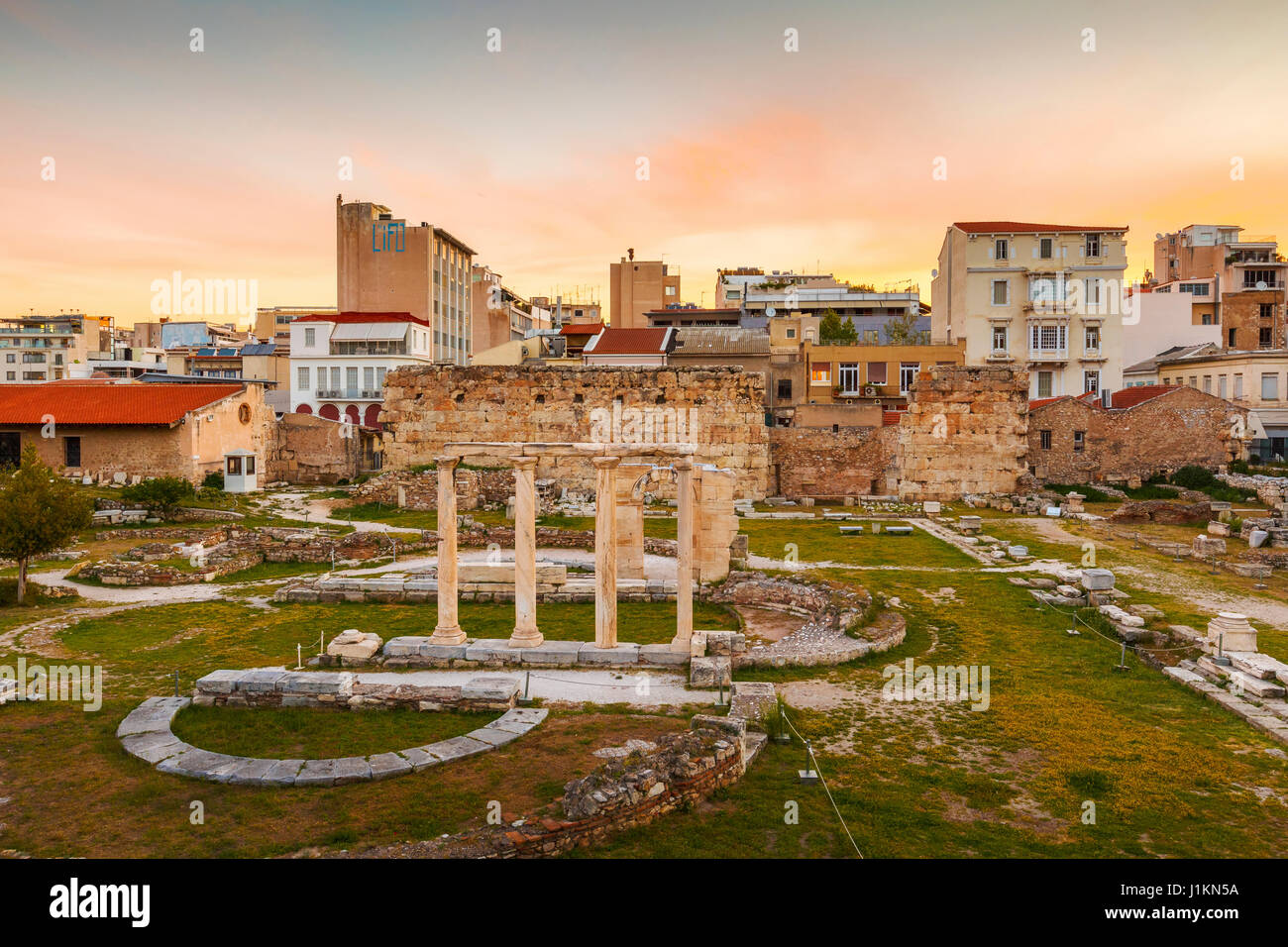 Remains of Hadrian's Library in the old town of Athens, Greece Stock ...