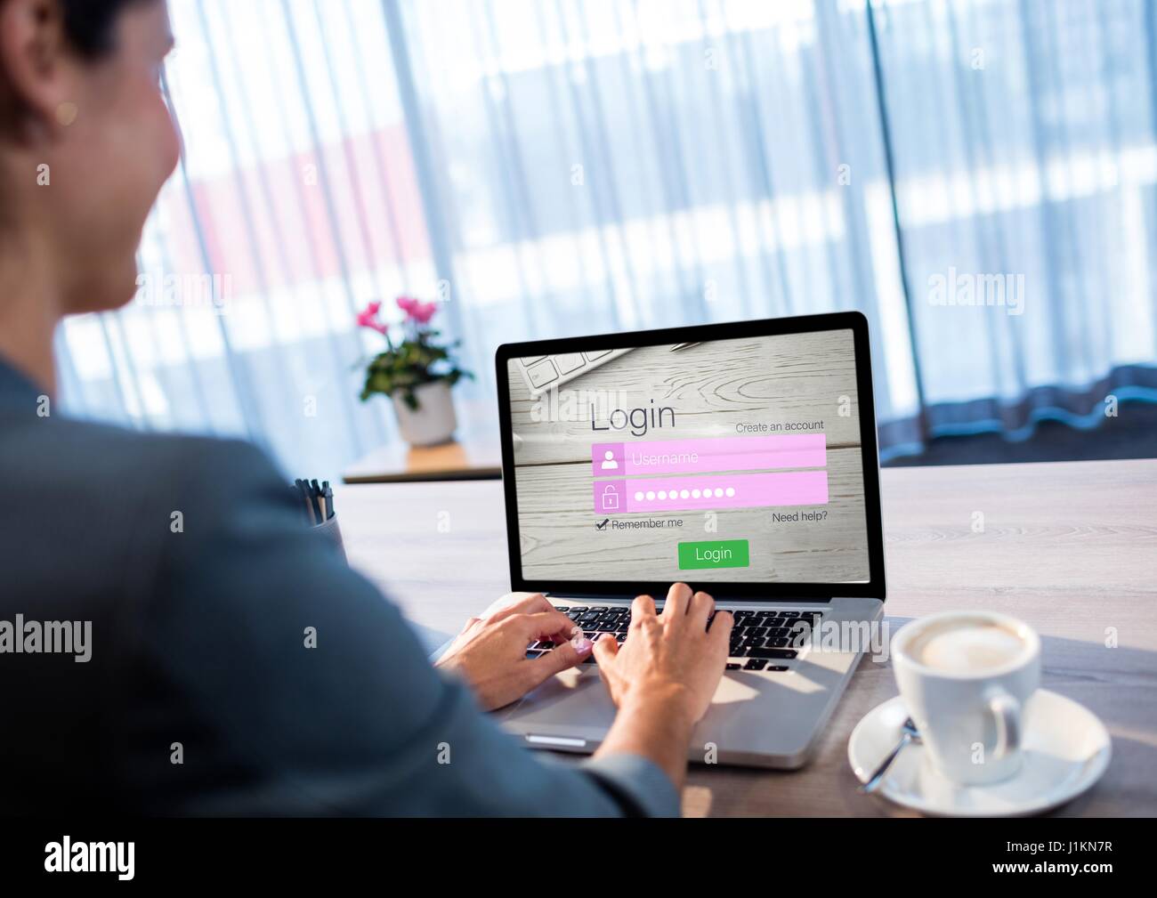 Digital composite of Woman in home with laptop. Login screen Stock ...