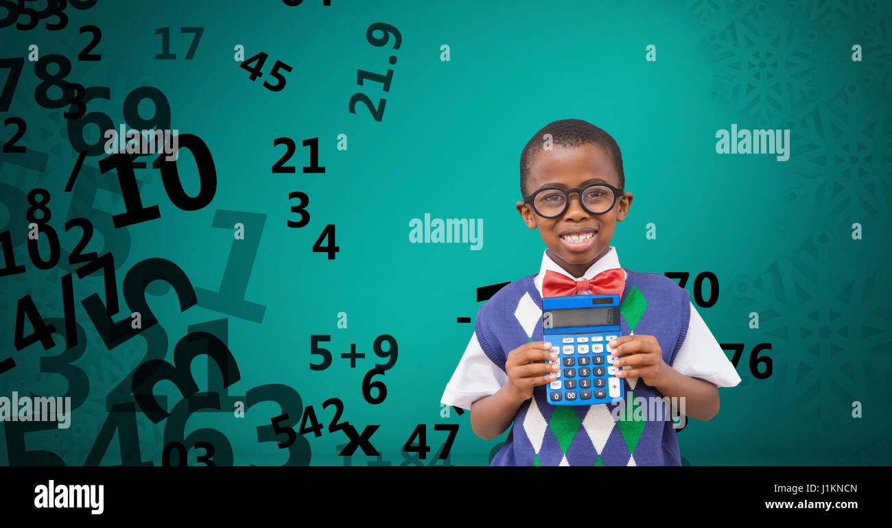 Digital composite of Happy school boy holding calculator against flying ...