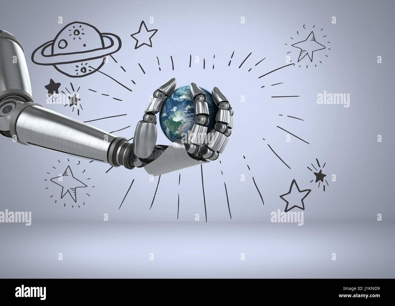 Digital composite of Android hand holding planet earth with telescope ...