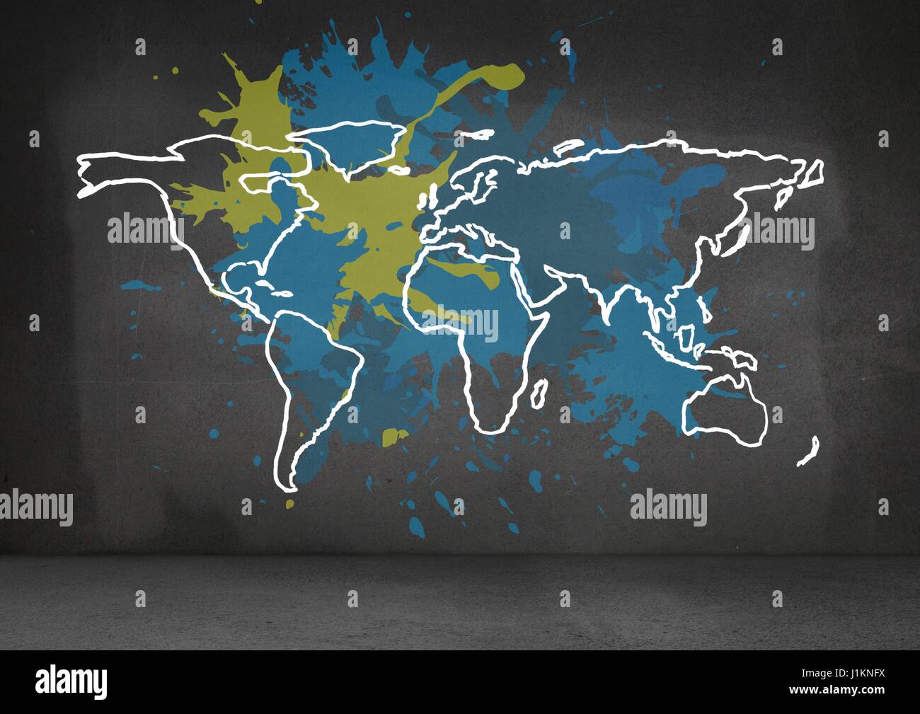 Digital composite of Colorful Map with paint splatters on wall ...