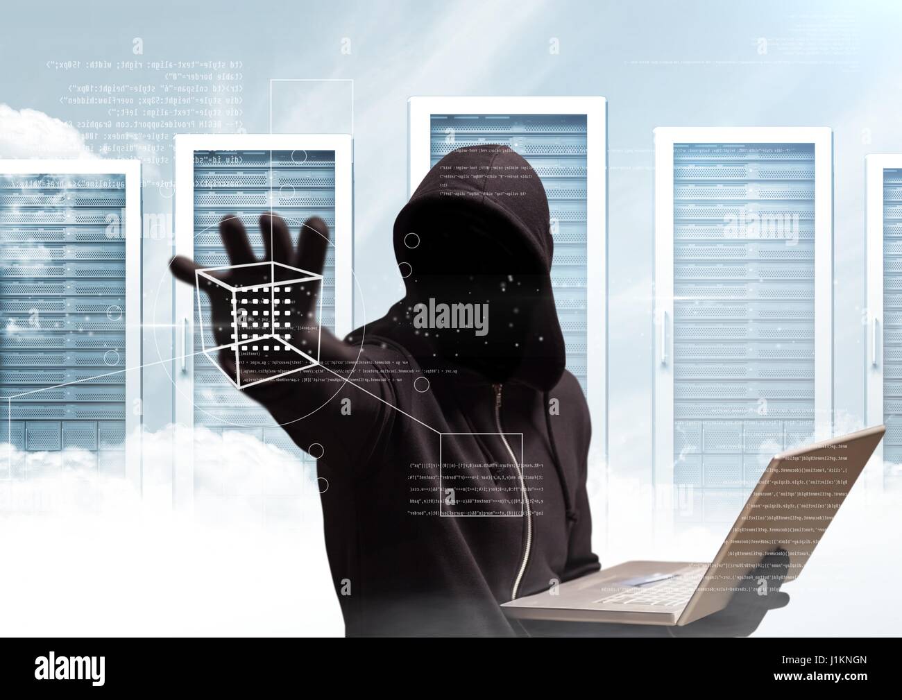 Digital composite of Black jumper hacker with out face sit with the ...