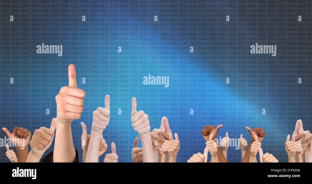 Digital composite of Thumbs up technological background Stock Photo - Alamy