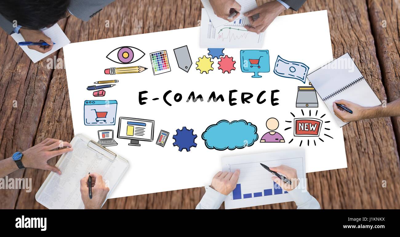 Digital composite of E-commerce text surrounded by graphics and ...