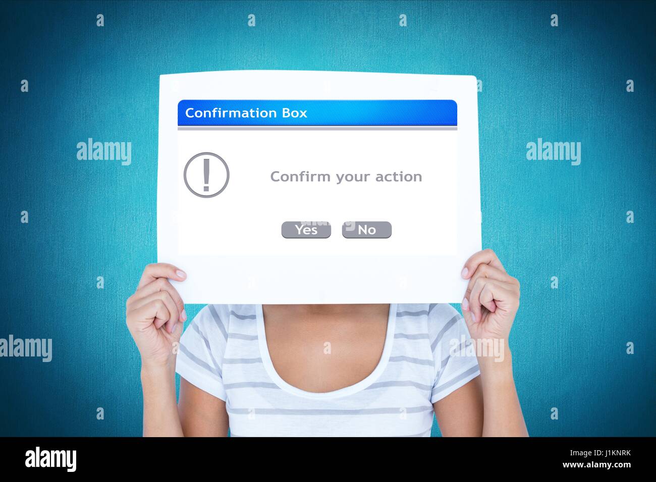 Digital composite of Woman holding confirmation box sign in front of ...