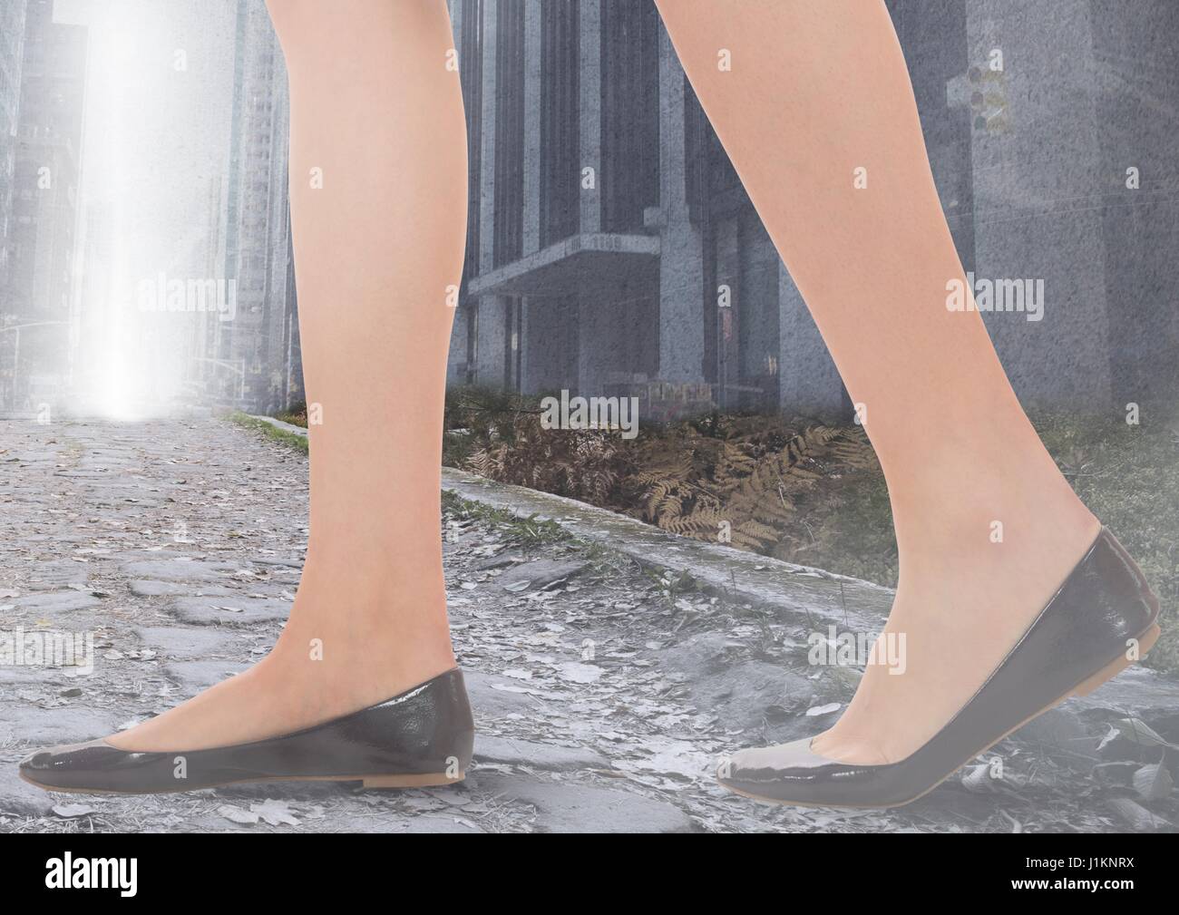 Digital composite of Womans legs Walking on path in city Stock Photo ...