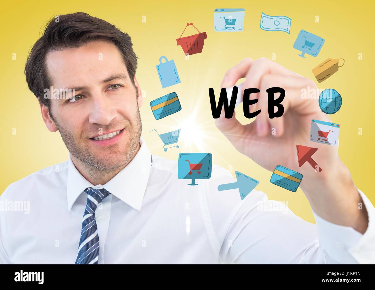 Digital composite of Business man with marker behind web doodles and ...