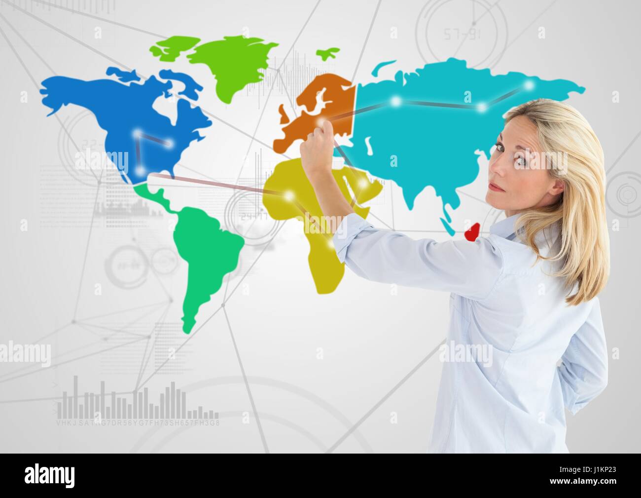 Digital composite of Businesswoman drawing on Colorful Map with ...