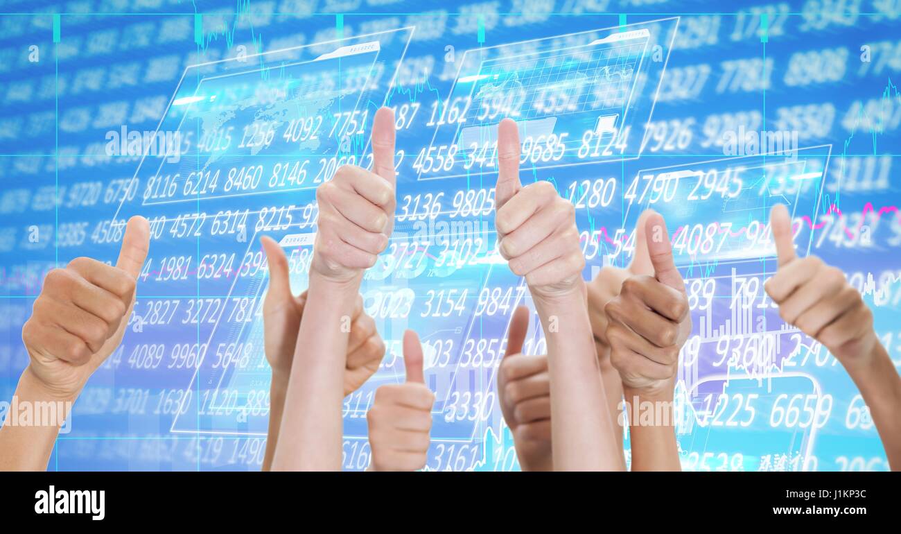 Digital composite of Hands gesturing thumbs up against screen Stock ...