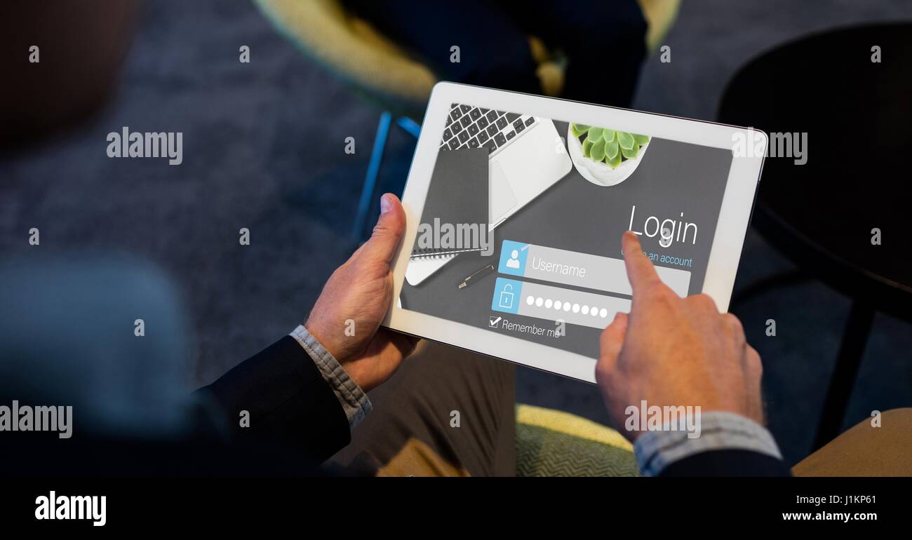 Digital composite of Close-up of hands using log in page on tablet PC ...